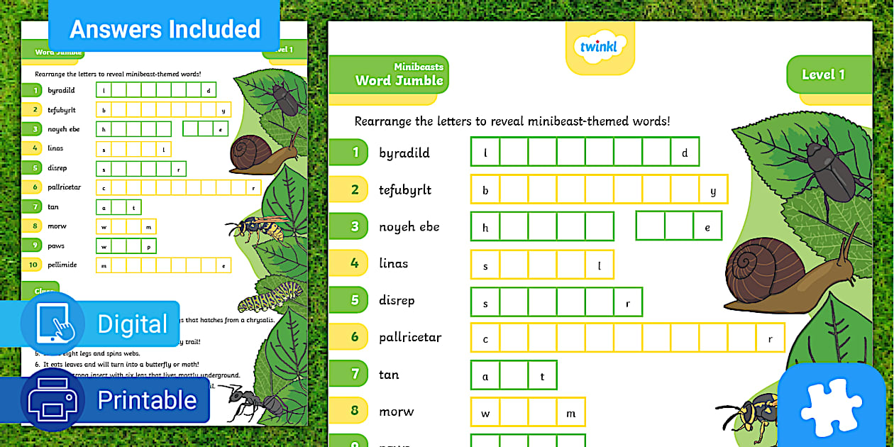 Minibeasts Themed Fun Word Jumble Puzzle - L2 - Kids