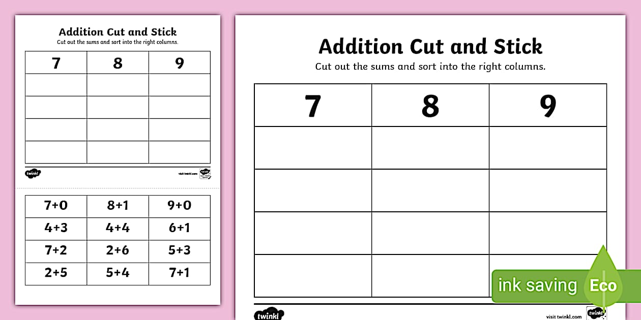 7, 8, 9 Addition Cut and Stick Activity (teacher made)