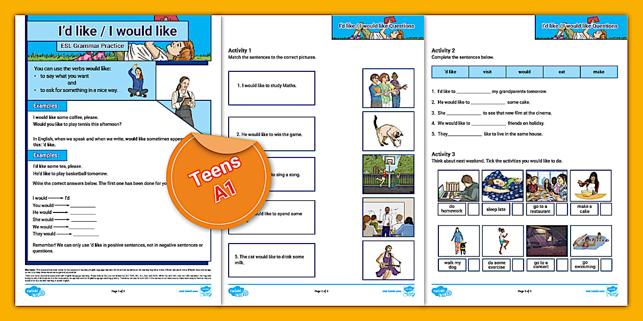 ESL Grammar Practice: I'd like / I would like (teacher made)