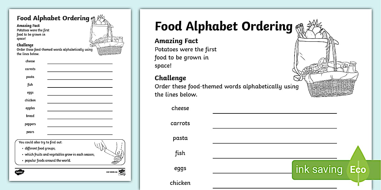 Food-Themed Alphabet Ordering Worksheet - Twinkl
