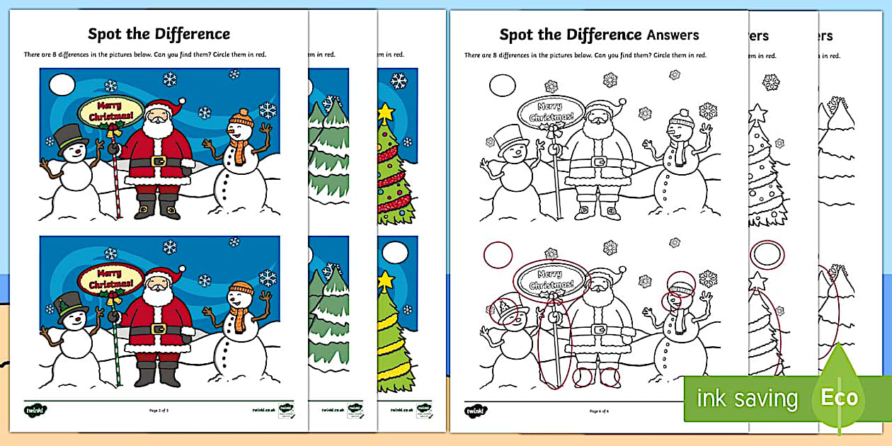 Christmas Spot the Difference Worksheet Activity - Twinkl