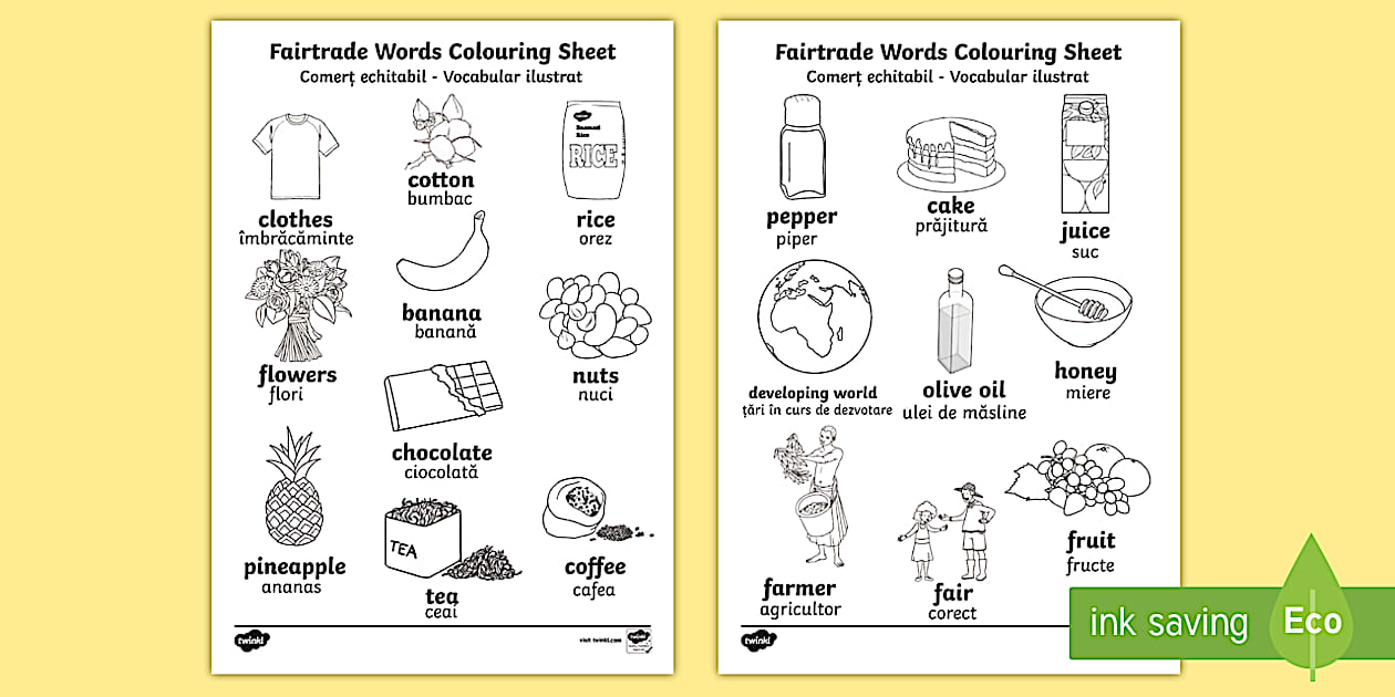Fairtrade Words Colouring Sheet English/Romanian - Fairtrade Words ...