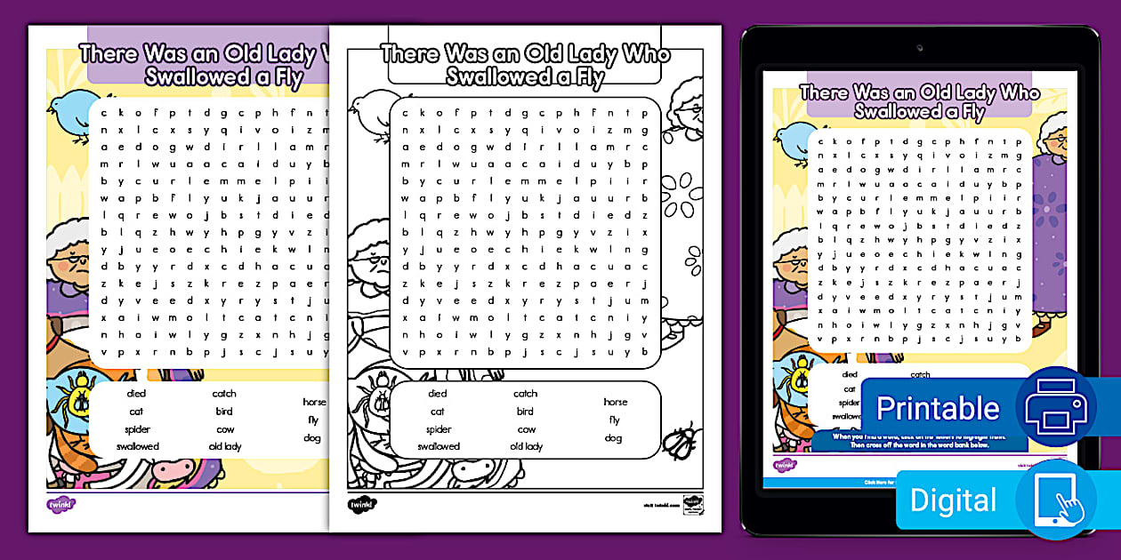There Was an Old Lady Who Swallowed a Fly Word Search