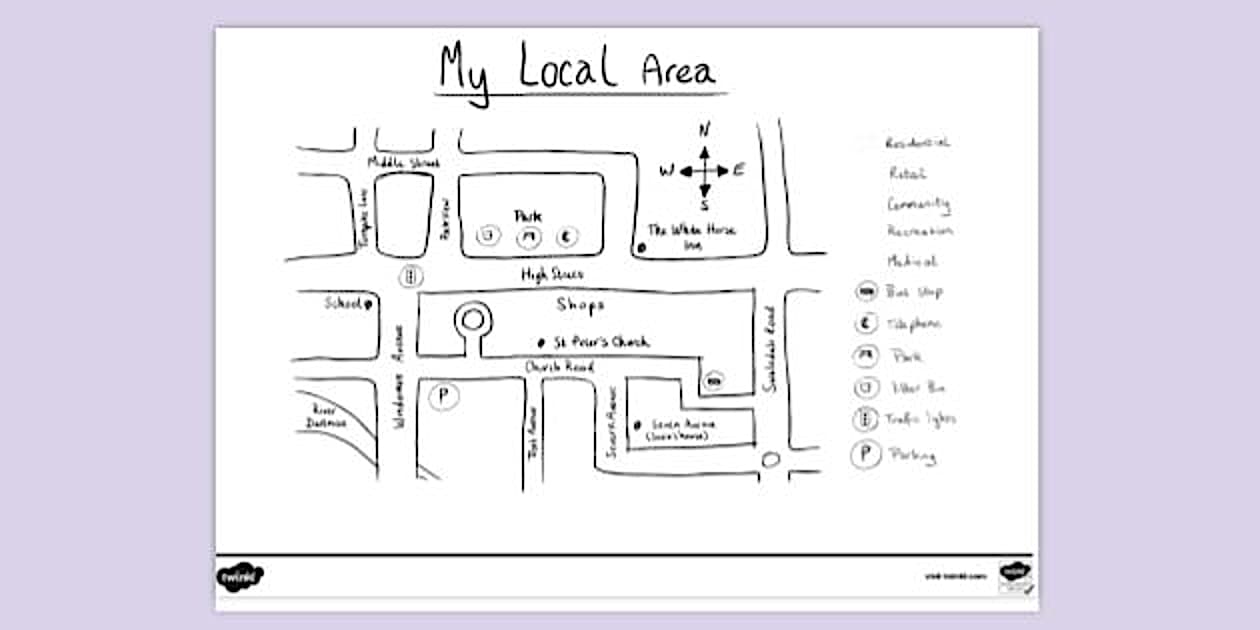 My Local Area Map Drawn Colouring Sheet - Twinkl