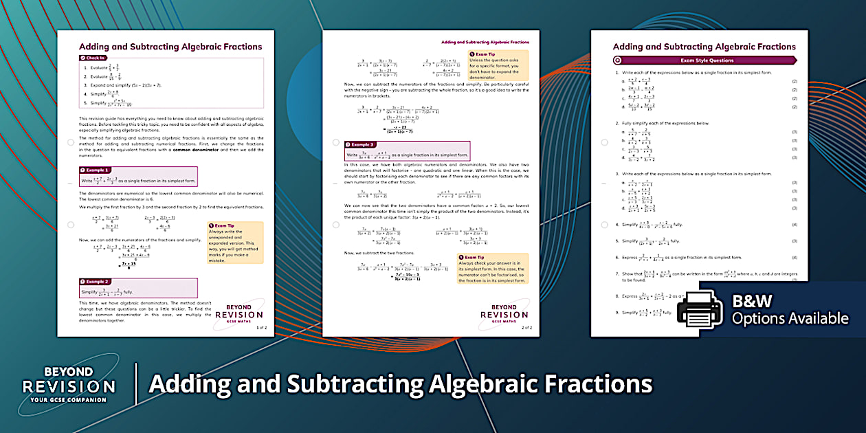 π Adding And Subtracting Algebraic Fractions Twinkl