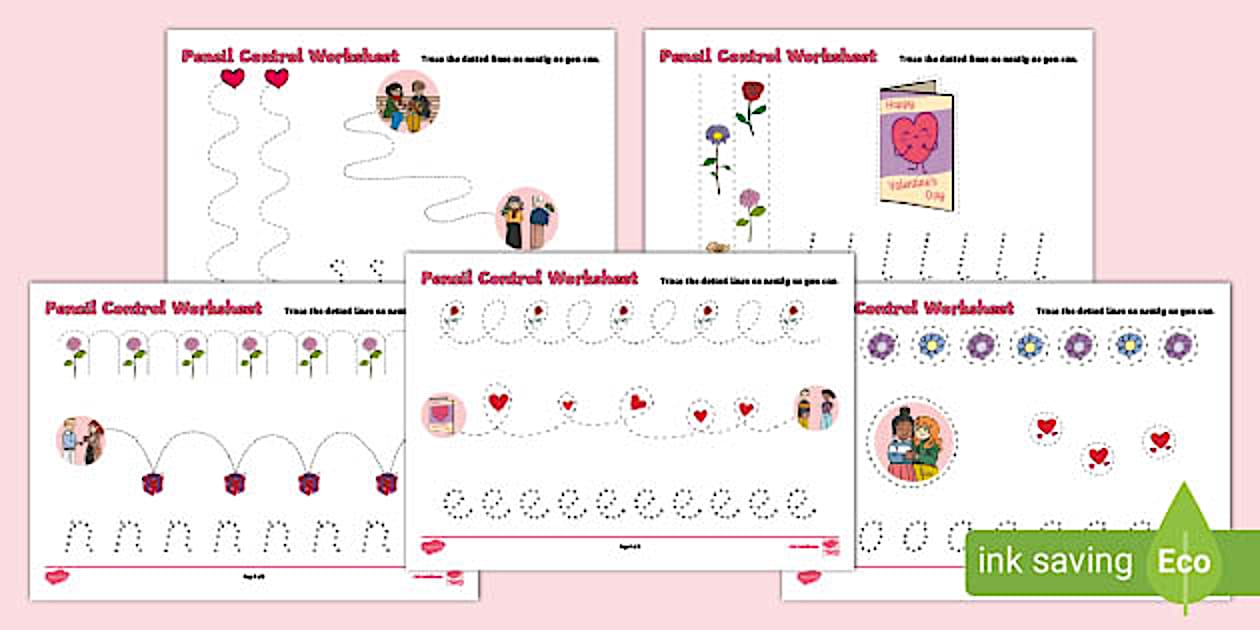 Valentine's Day Pencil Control Worksheets - Twinkl