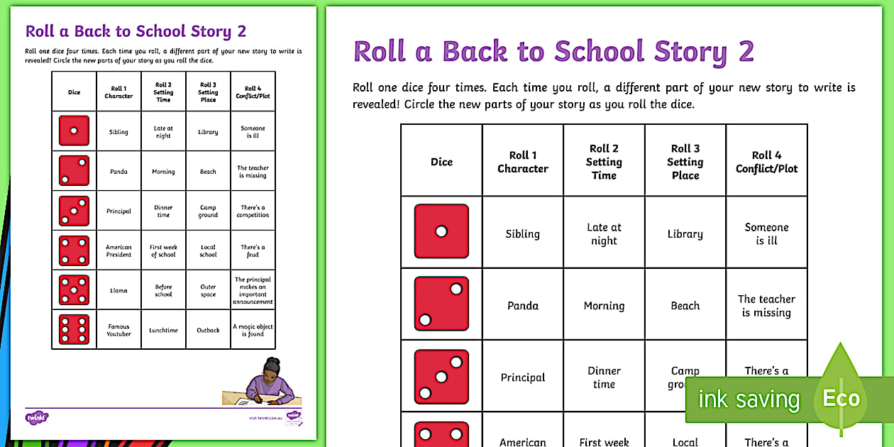 Black and White Back to School Roll a Story 2 Worksheet