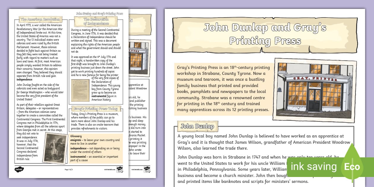 John Dunlap and Gray's Printing Press Fact File