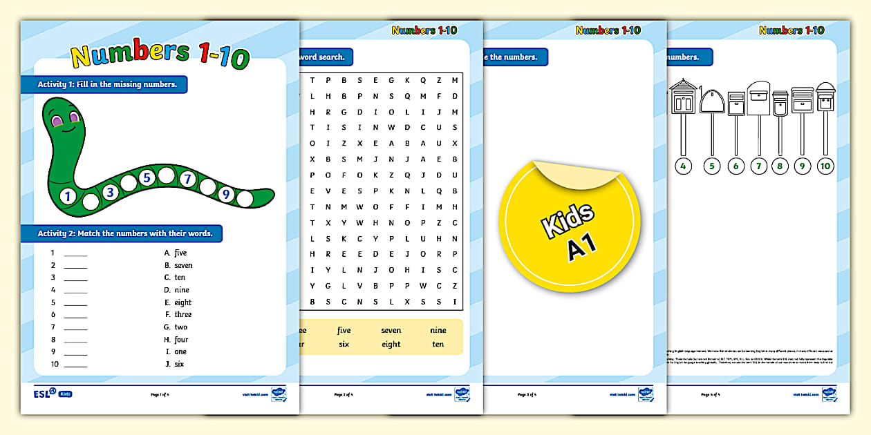 ESL Numbers 1-10 Activity Sheet [Kids, A1] - Twinkl