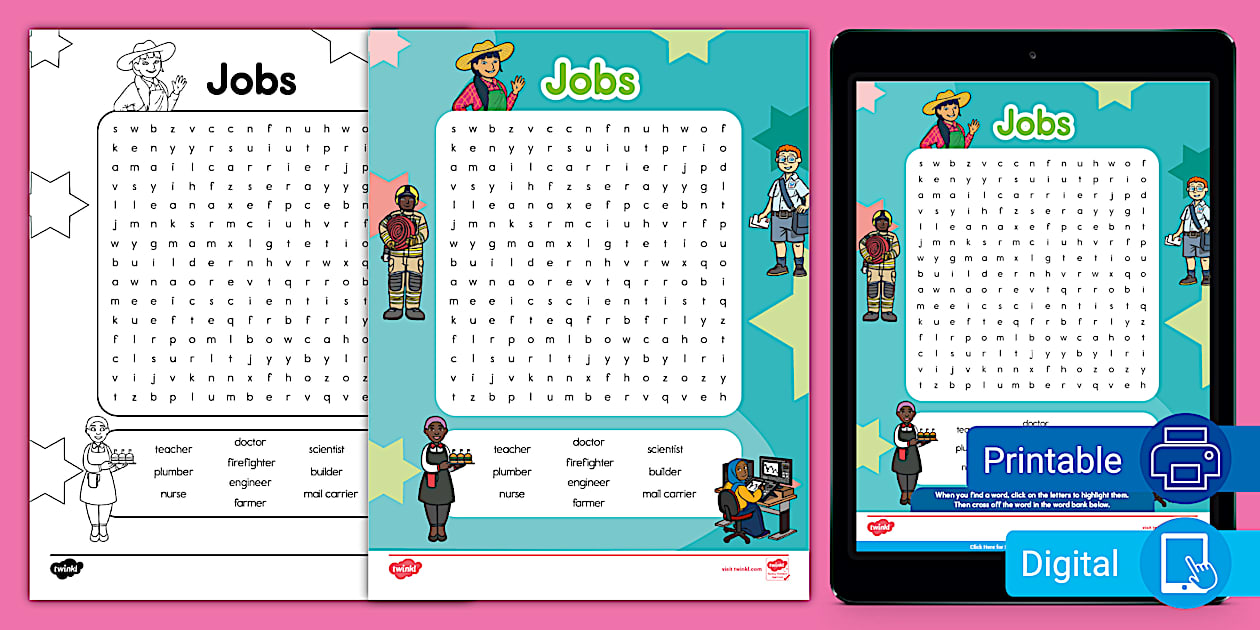 Jobs Word Search for K-2nd Grade