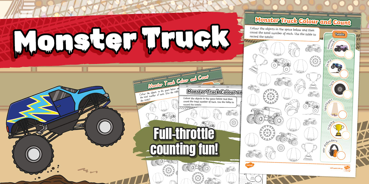 Monster Truck Colour and Count Worksheet