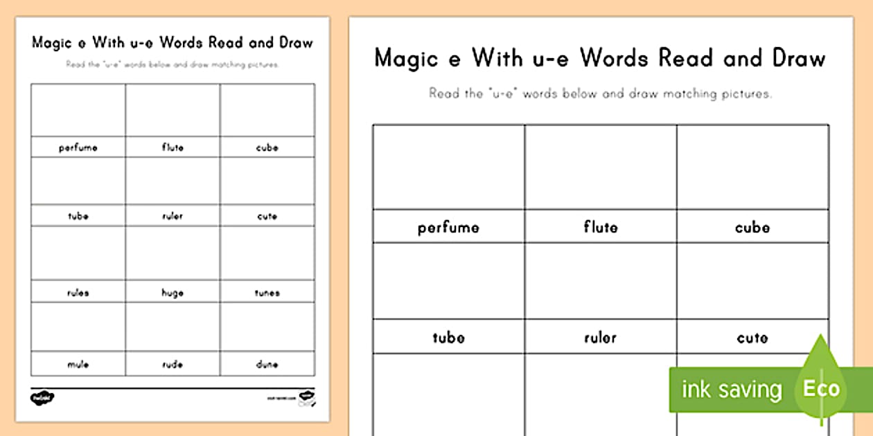 Magic e With u-e Words Read and Draw Worksheet - Twinkl