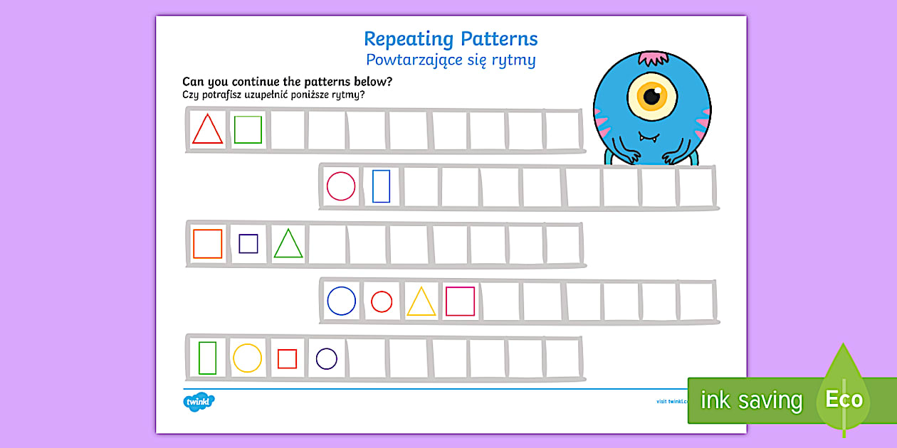 Repeating Patterns (Shapes) English/Polish - Repeating Pattern Worksheet