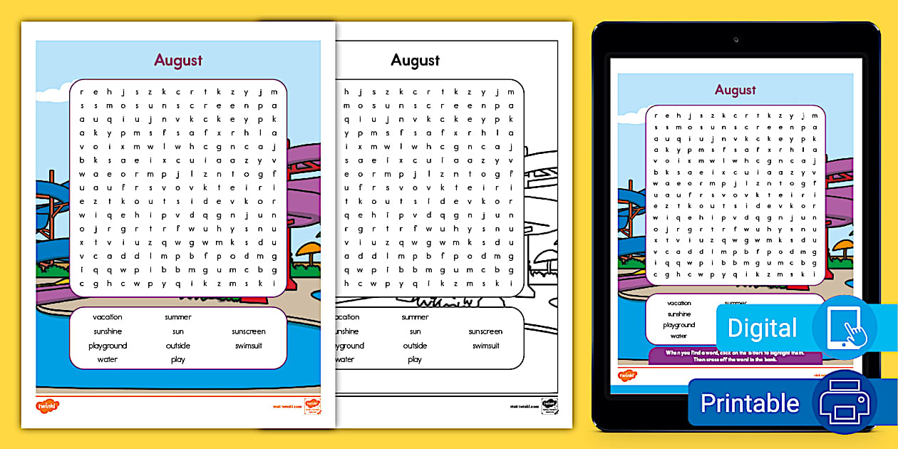August Word Search for K-2nd Grade