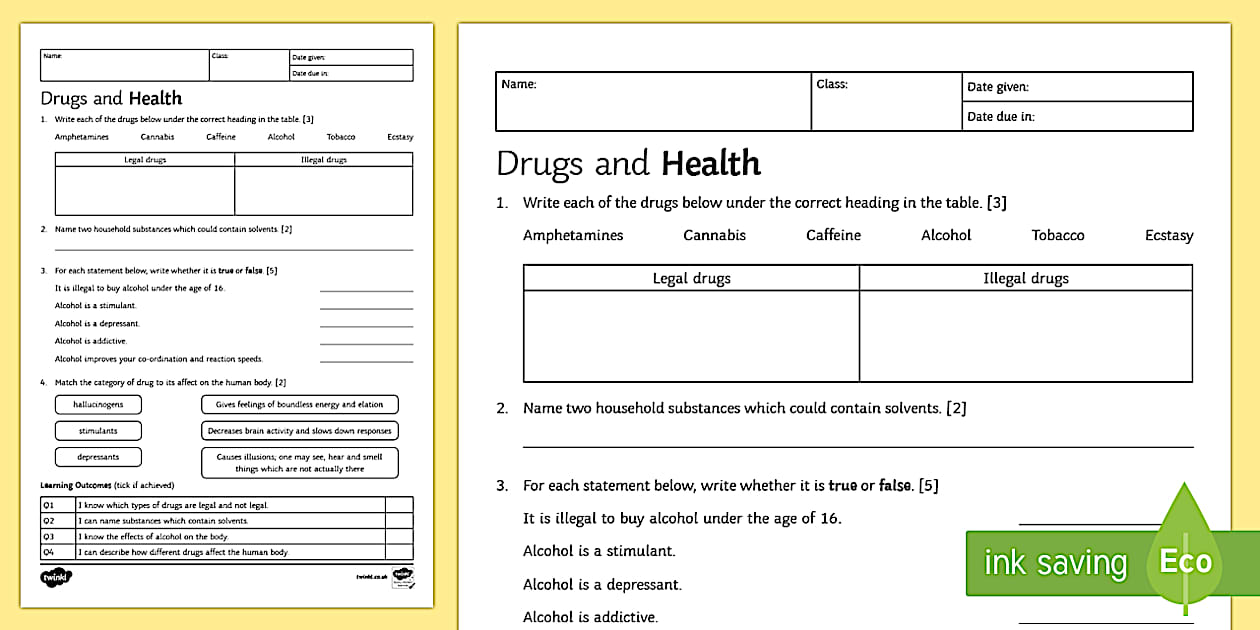 KS3 Drugs and Health Homework Worksheet / Worksheet - Twinkl