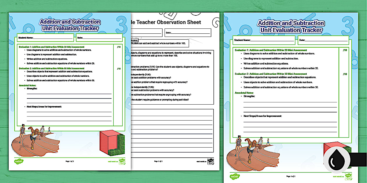 Grade 1 Addition and Subtraction Unit Evaluation Tracker