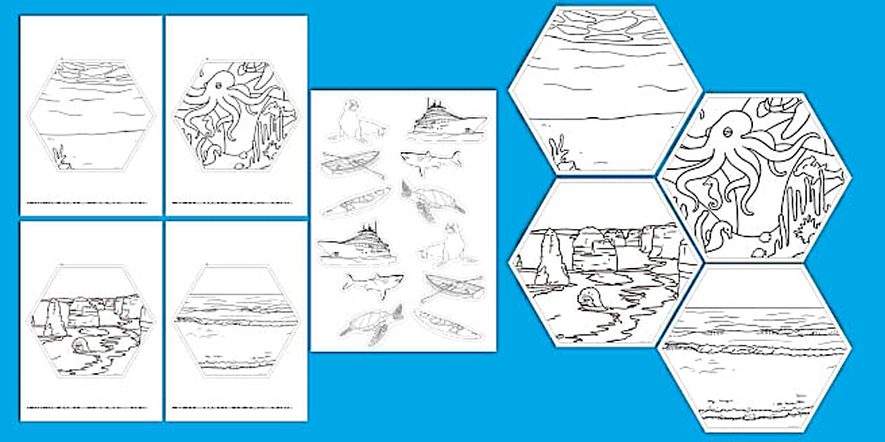 The Ocean Hexagon Display Colouring Activity (Teacher-Made)