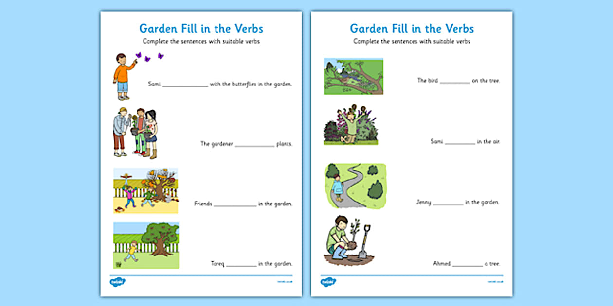 Black and White Garden Fill in the Verbs Worksheets - Twinkl
