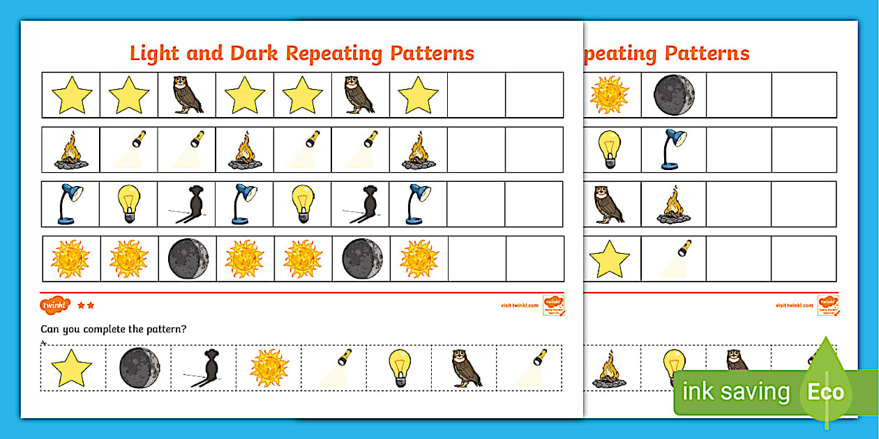 👉 Light and Dark Complete the Pattern Worksheet - Twinkl