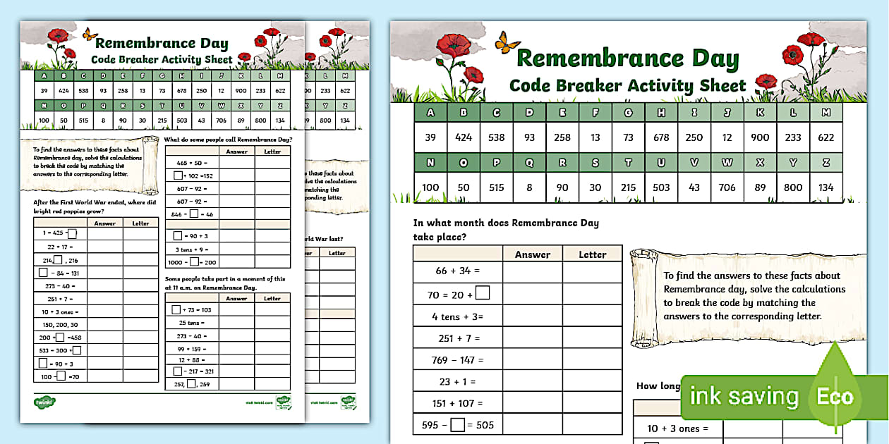 👉 Year 3 Remembrance Day Code Breaker Activity Sheet