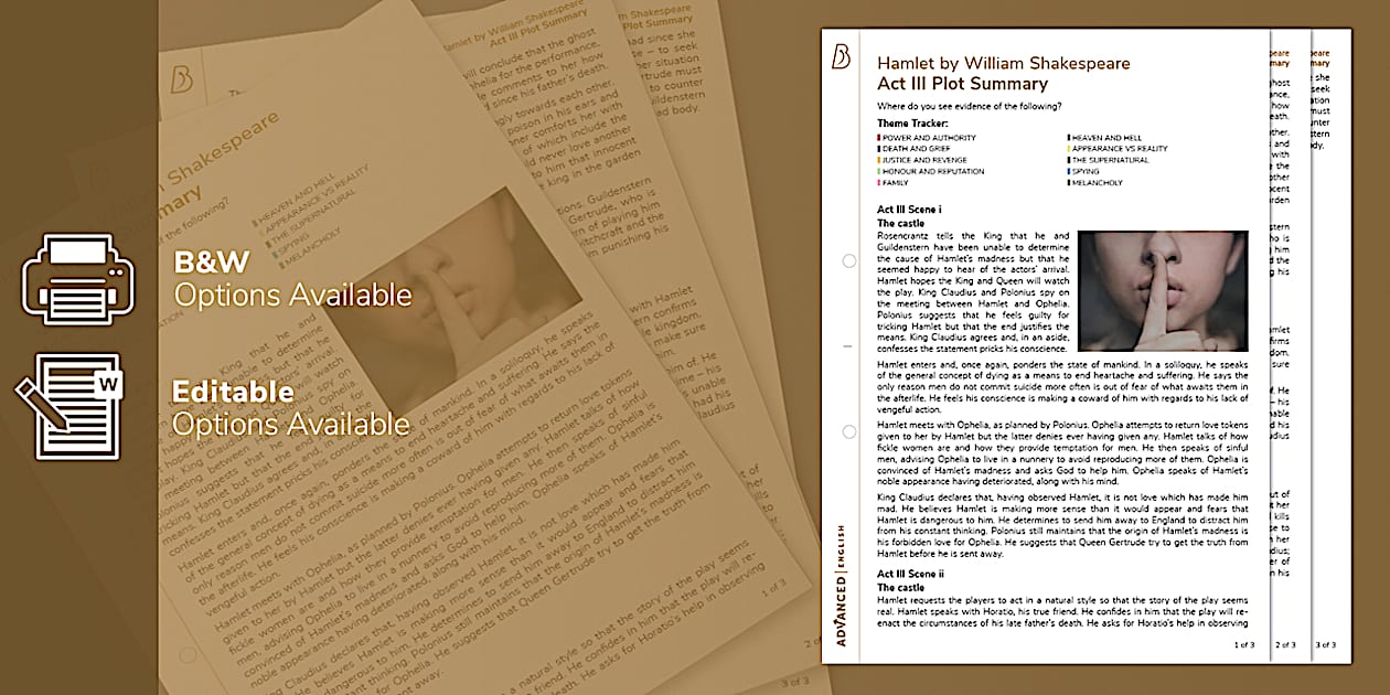 Hamlet Revision: Act III Plot Summary (teacher made)