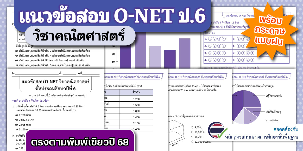 แนวข้อสอบ O-NET ป.6 วิชาคณิตศาสตร์ พร้อมเฉลย ตามผังข้อสอบปี 2568