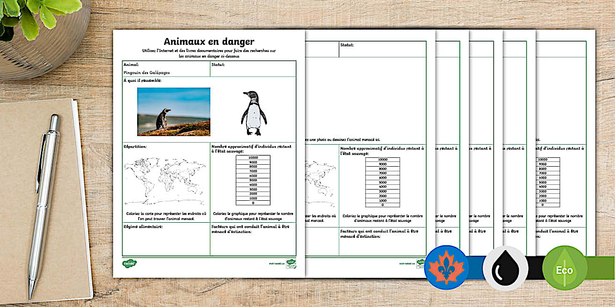 Endangered Animal Fact File Research Worksheet French
