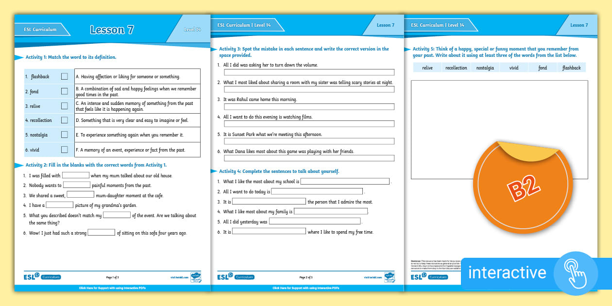 ESL Curriculum Level 14, Lesson 7 Interactive Activity Sheet