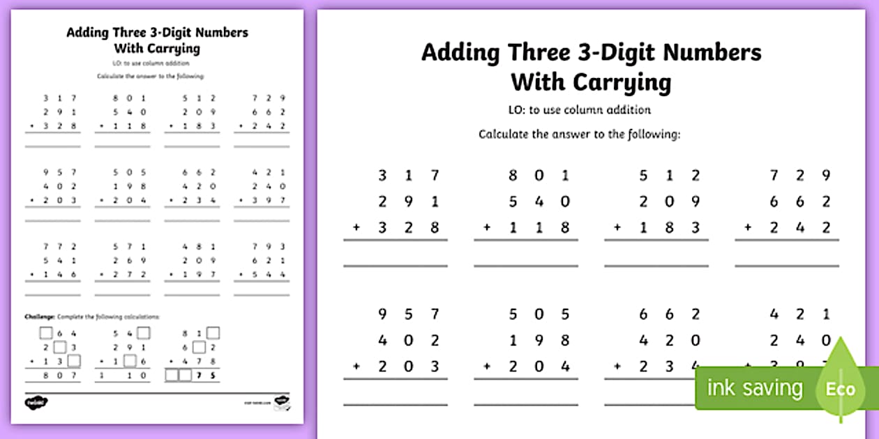 Editable Adding Three 3-Digit Numbers in a Column with Carrying ...