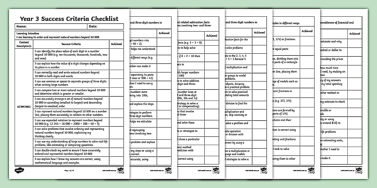 Year 3 Maths Success Criteria Checklist (Teacher-Made)