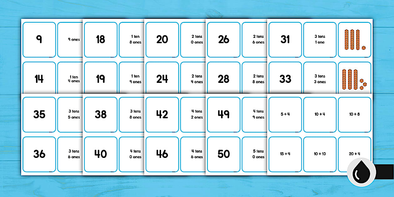 Tens and Ones Base Ten Blocks up to 50 Matching Cards