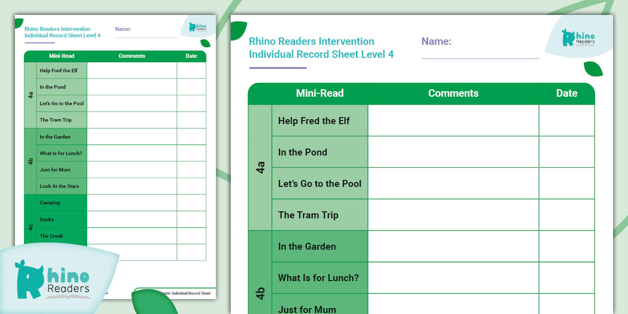 Level 4 Rhino Readers Intervention: Individual Record Sheet