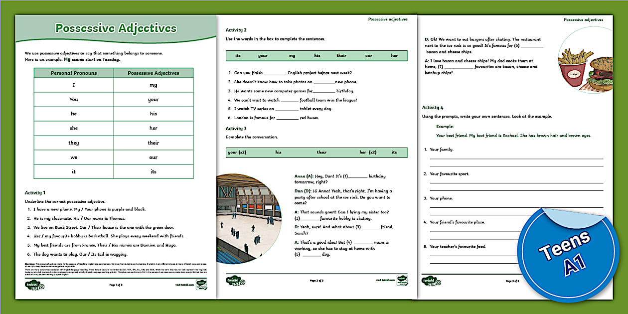 ESL Possessive Adjectives Sheet [A1, Teens] | Twinkl