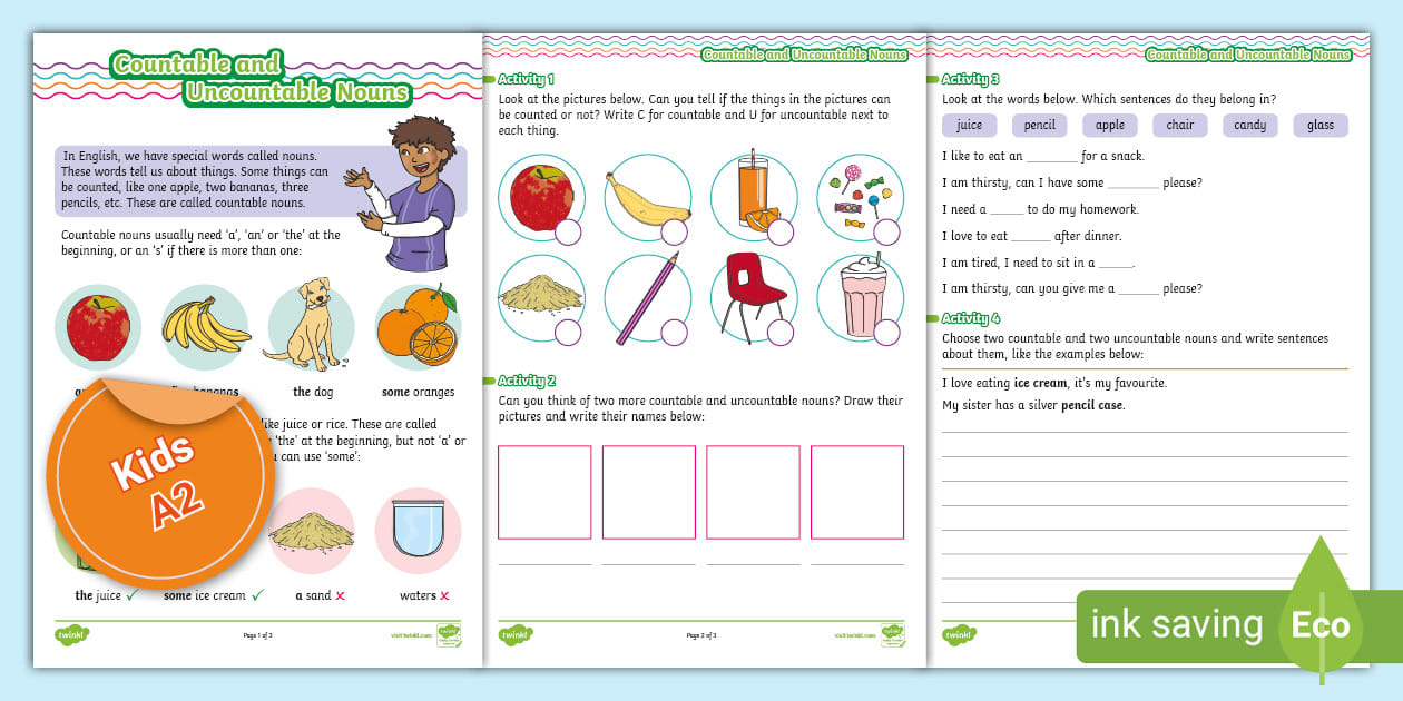 ESL Countable and Uncountable Nouns Worksheet [Kids, A2]