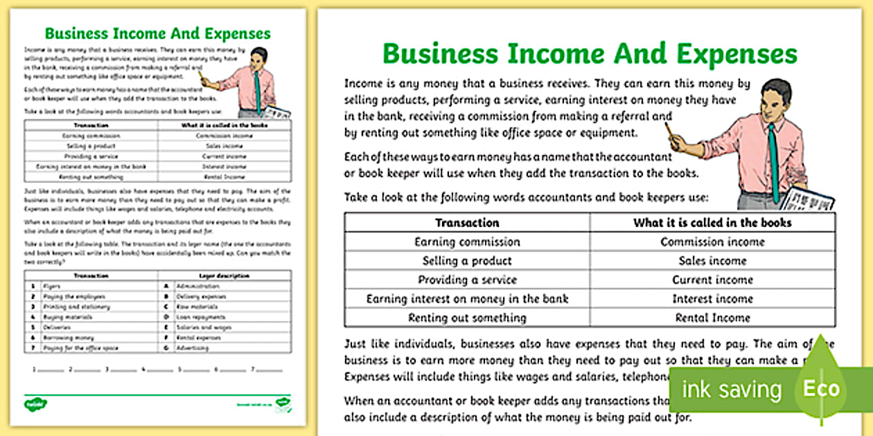 Business Income And Expenses Worksheet - EMS Grade 7