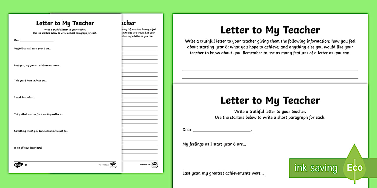 Editable Year 6 Back to School Letter to My Teacher Worksheet
