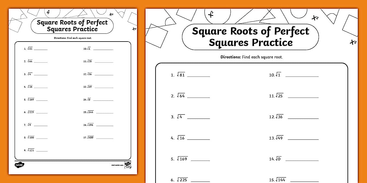 Eighth Grade Square Roots of Perfect Squares Practice Worksheet