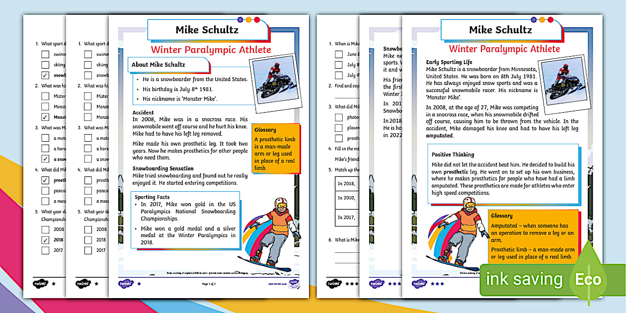 KS1 Mike Schultz Winter Paralympics Athlete Differentiated Reading