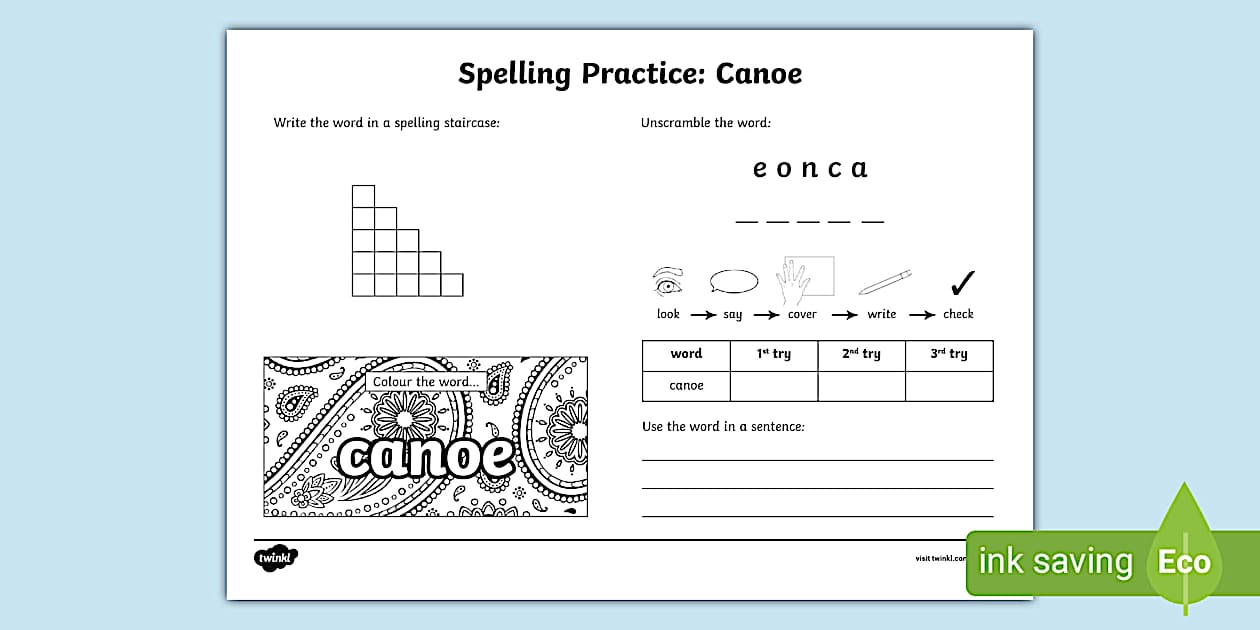 Canoe Spelling Practice Worksheet (teacher made) - Twinkl