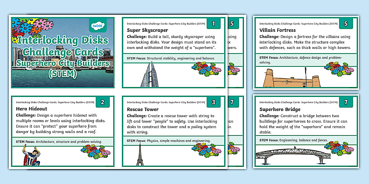 Interlocking Disks Challenge Cards: Superhero City Builders