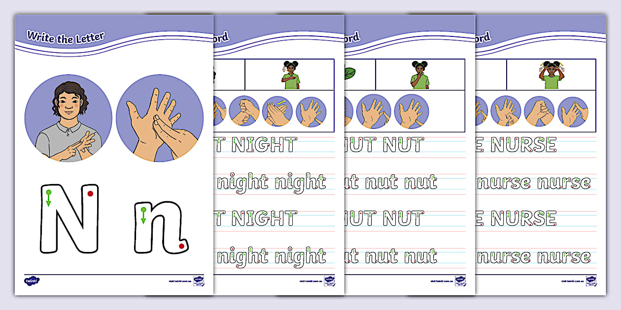 Words Starting with N Handwriting Worksheets with Auslan