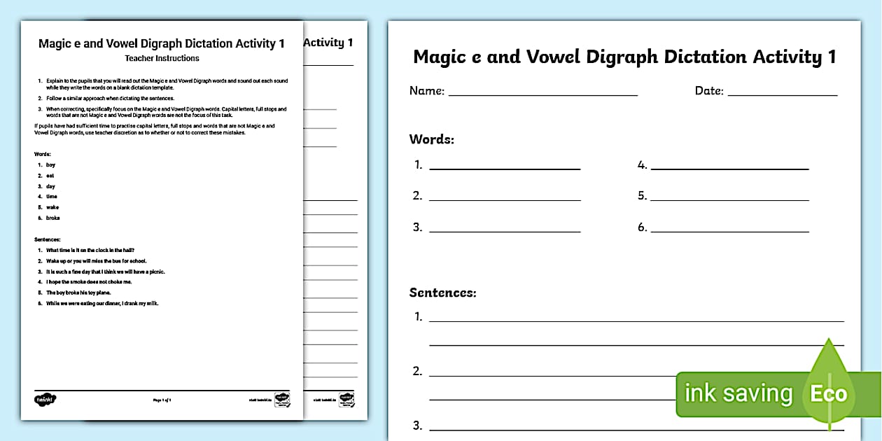 Magic e & Vowel Digraph Dictation Activity 1