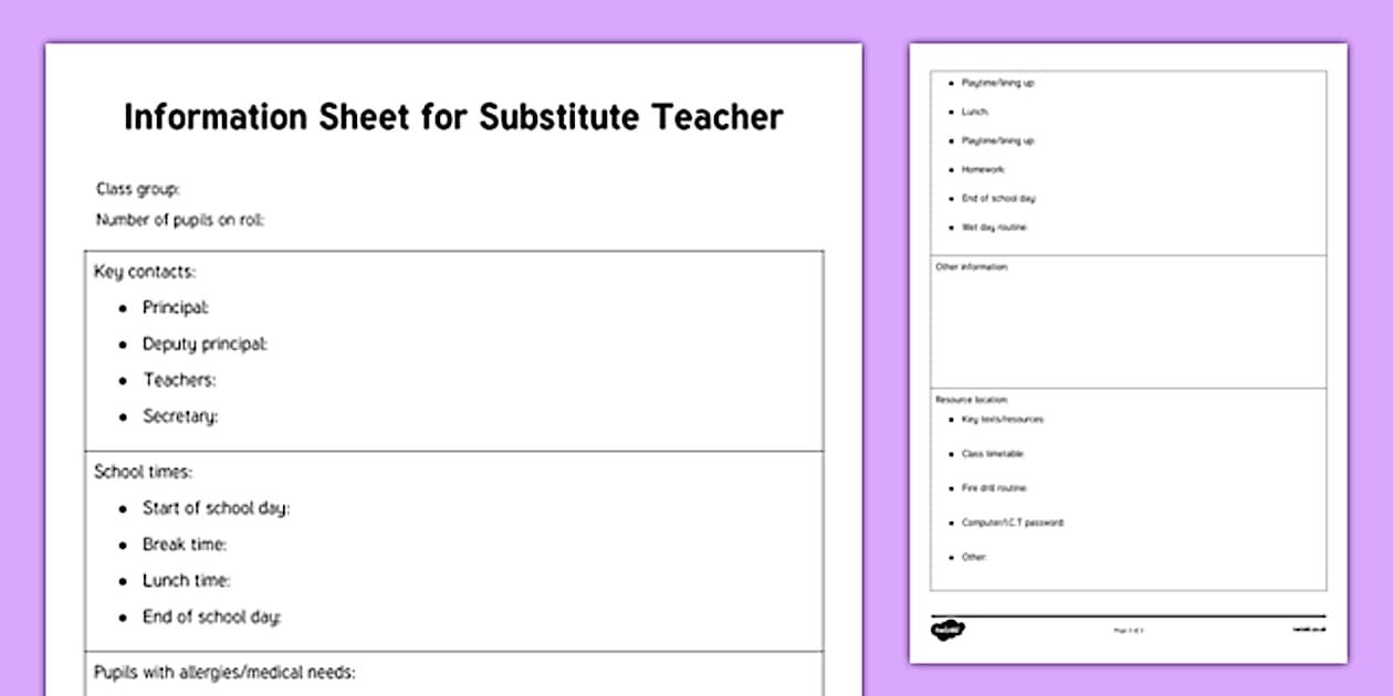 Substitute Teacher Information Sheet | Twinkl Resources