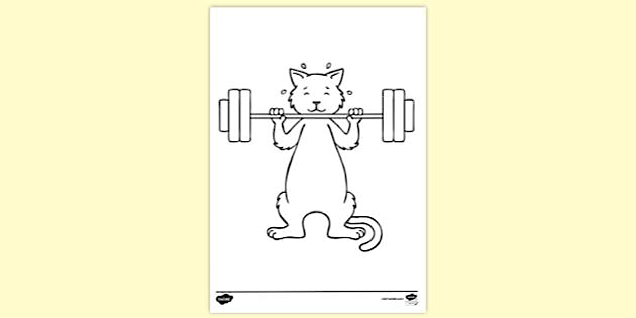 Cat Lifting Weights Colouring | Colouring Sheets - Twinkl
