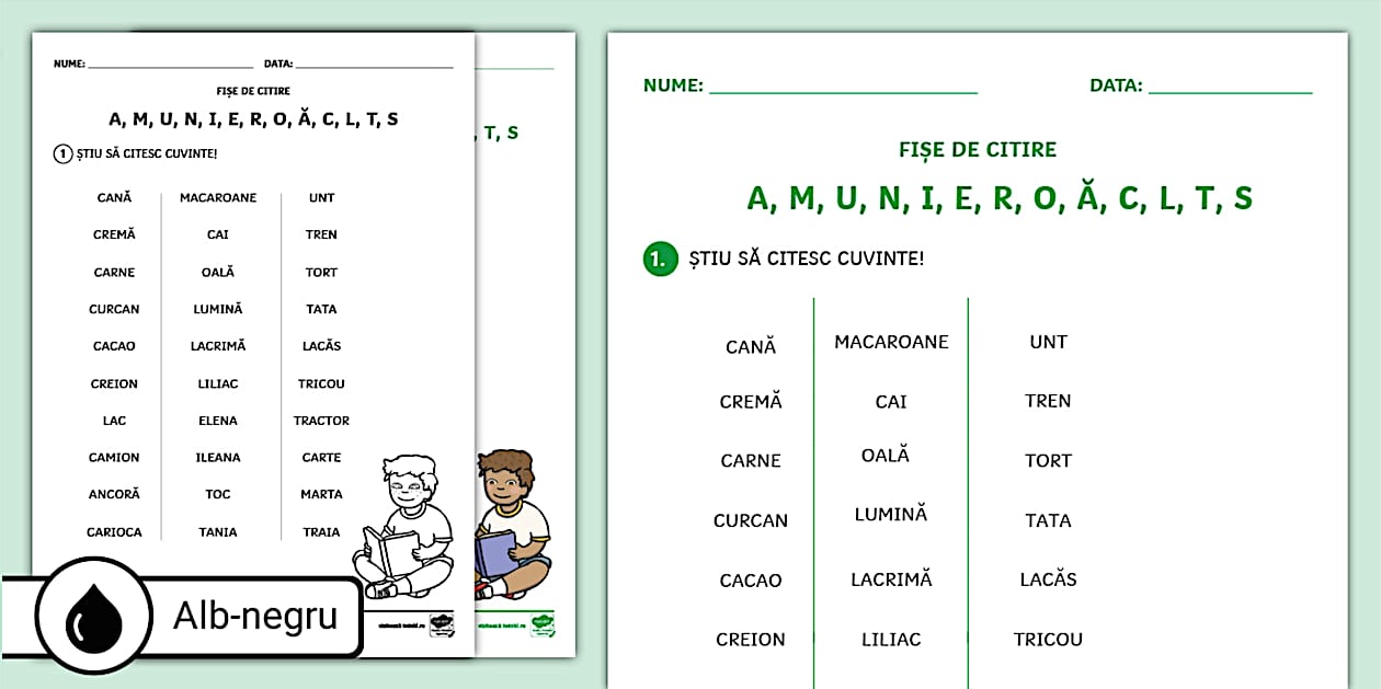 Fișă de citire (a, m, u, n, i, e, r, o, ă, c, l, t, s)