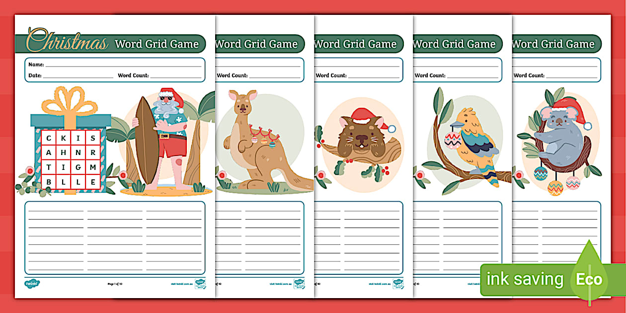 Christmas -Themed Word Grid Game Worksheets F-2 - Twinkl