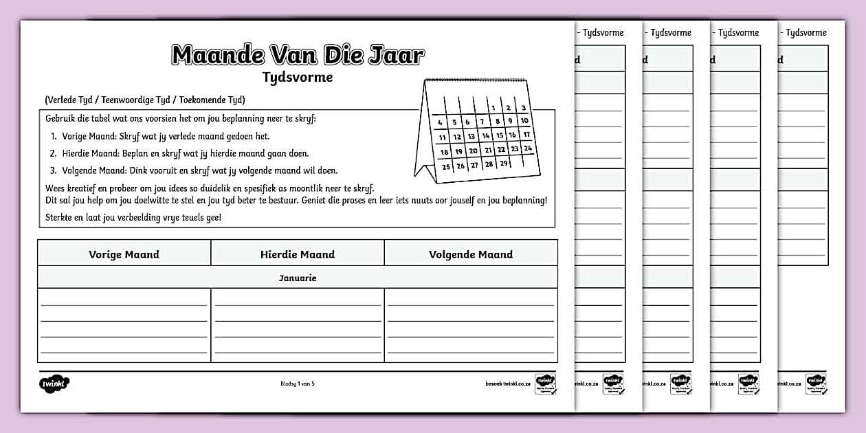 Graad 5 Maande Van Die Jaar Tydsvorme - Aktiwiteitsblad
