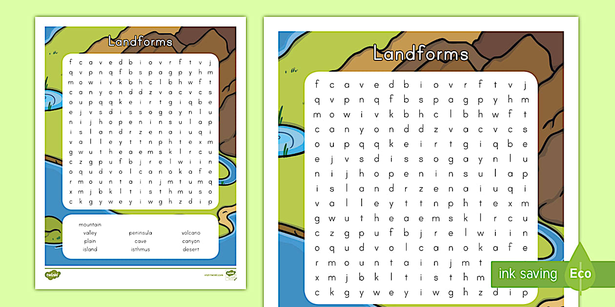 Landforms Word Search for K-2nd Grade (teacher made)