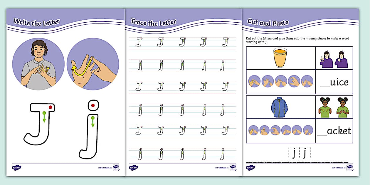 Letter J Handwriting Worksheets with Auslan