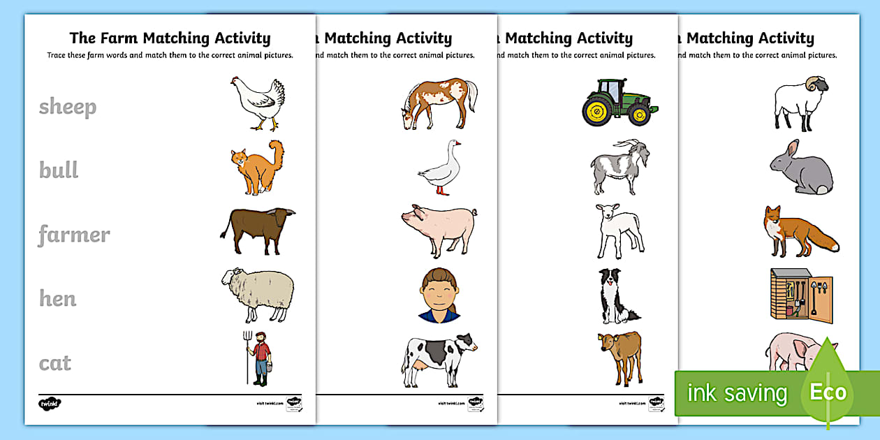 Editable The Farm Aistear Animal Matching Worksheet - Twinkl